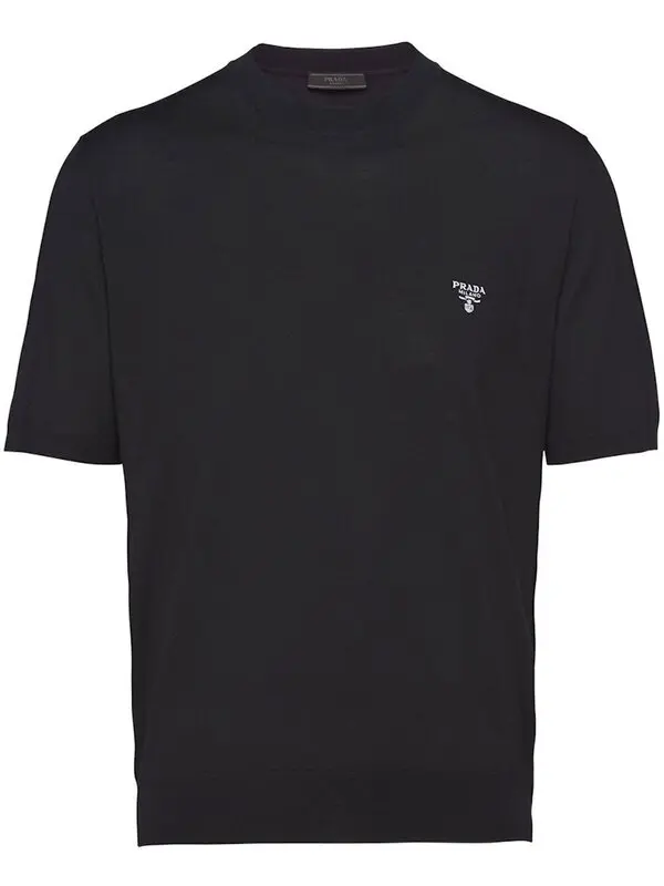 Prada Embroidered Logo Wool Short Sleeved Shirt - Black