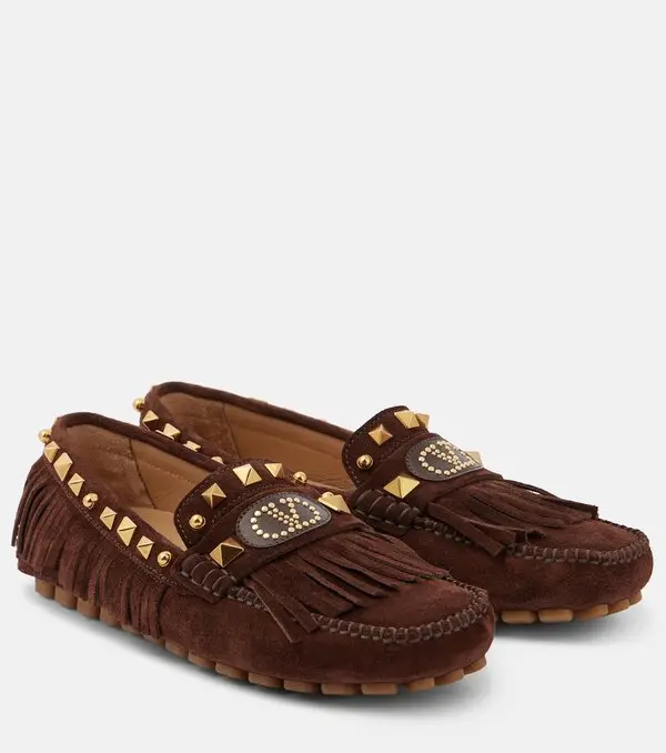 Valentino Garavani Vlogo Fringed Suede Driving Shoes - Brown