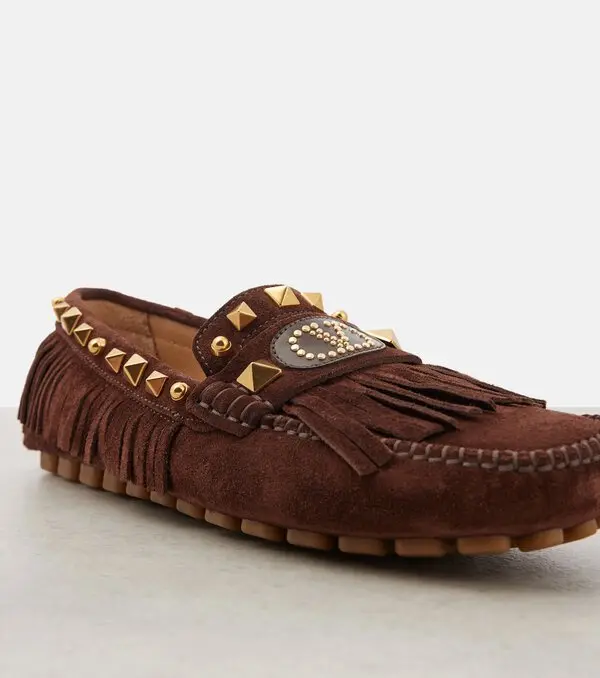 Valentino Garavani Vlogo Fringed Suede Driving Shoes - Brown