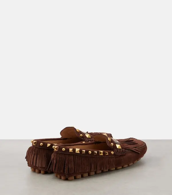 Valentino Garavani Vlogo Fringed Suede Driving Shoes - Brown