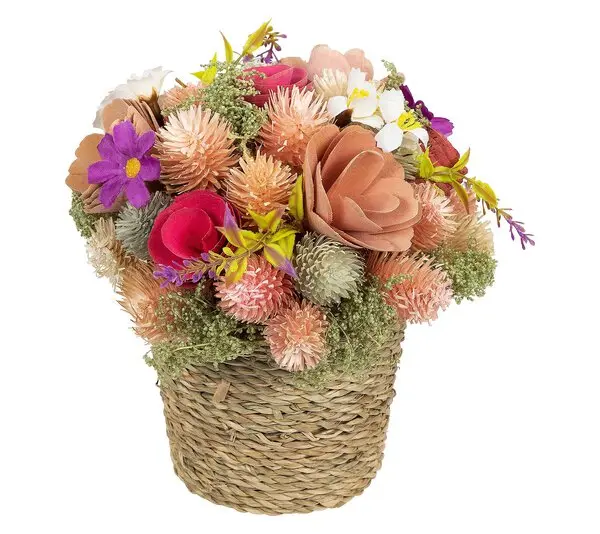 NORTHLIGHT Wooden Mixed Floral Spring Arrangeme T With Pot - One-color