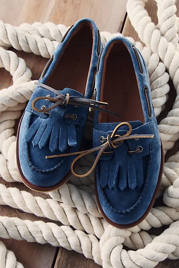 Free People We The Free Benny Boat Shoes Suede Mocc-loafers With Fringe Detail - Blue Suede