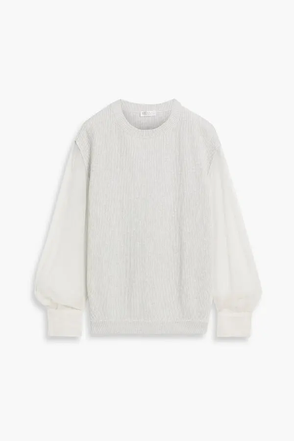 Brunello Cucinelli Chiffon-paneled Ribbed Cotton Sweater
