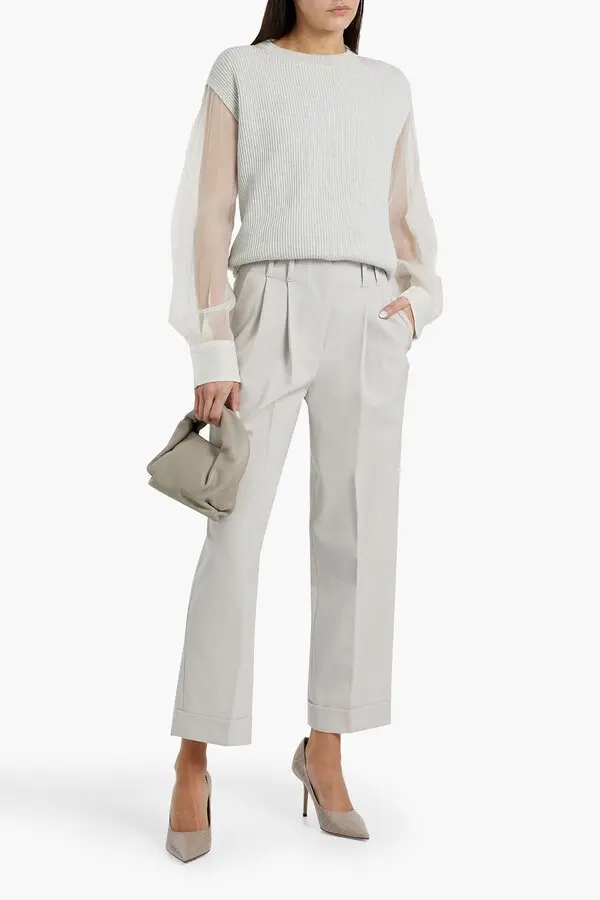 Brunello Cucinelli Chiffon-paneled Ribbed Cotton Sweater