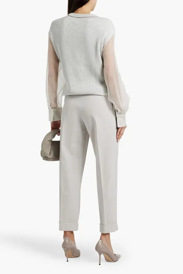 Brunello Cucinelli Chiffon-paneled Ribbed Cotton Sweater