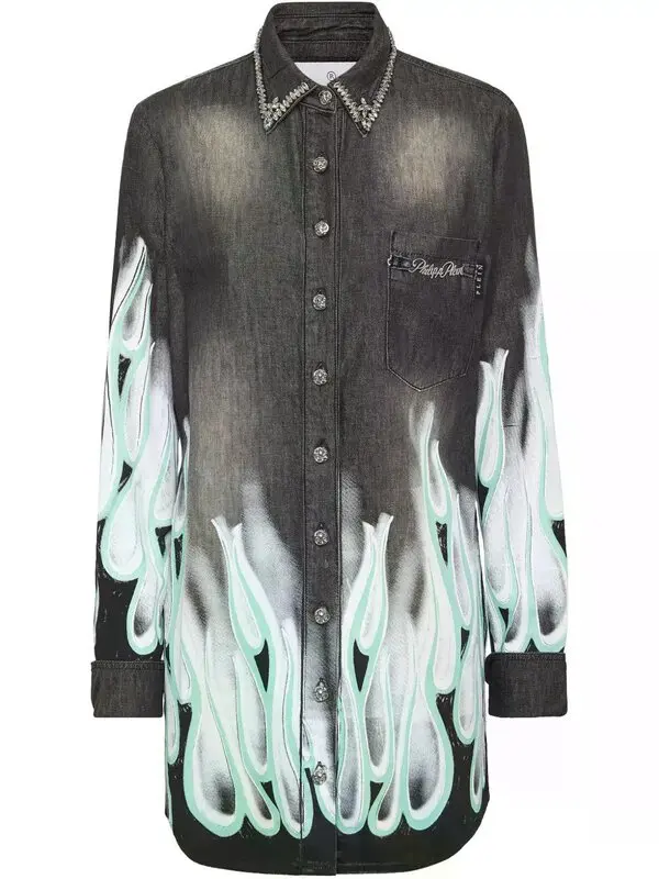 Philipp Plein Flame Racing Denim Shirt - Grey