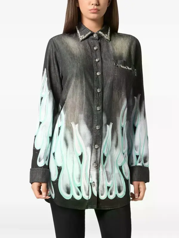 Philipp Plein Flame Racing Denim Shirt - Grey