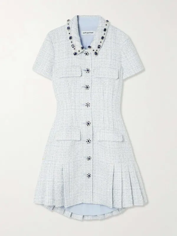 Self-Portrait Crystal-Embellished Metallic Boucl-Tweed Mini Dress In Blue  - 40% Off | Editorialist