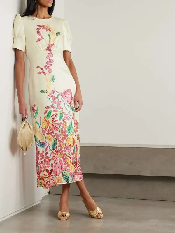 saloni bianca floral-print silk dress Saloni Bianca Printed Silk Puff Sleeve Midi Dress in Pink Rosette Size 12