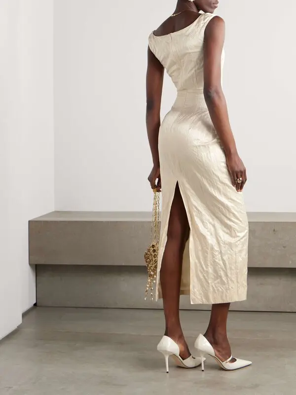 magda butrym cream dress Long off-shoulder draped dress in cream