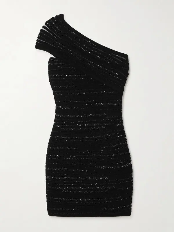 Balmain One-Shoulder Sequin-Embellished Ribbed-Knit Mini Dress In Black -  60% Off | Editorialist