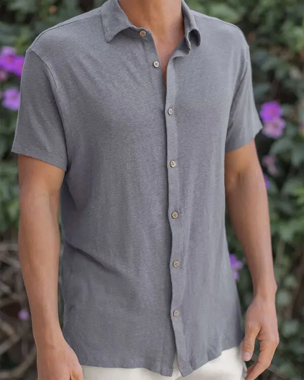 ALEX CRANE Ola Linen Knit Regular Fit Button Down Shirt - Slate