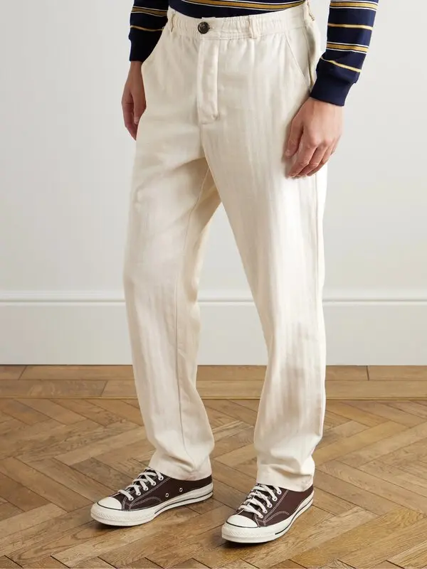 Oliver Peoples Slim-fit Straight-leg Herringbone Cotton Trousers