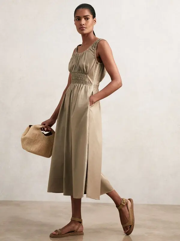 REISS Cotton Craft-stitch Shirred Midi Dress - Khaki