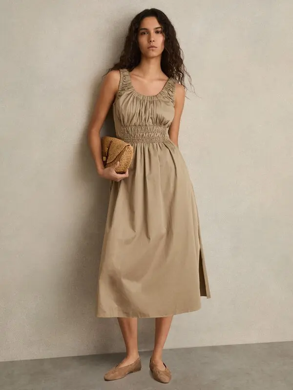 REISS Cotton Craft-stitch Shirred Midi Dress - Khaki