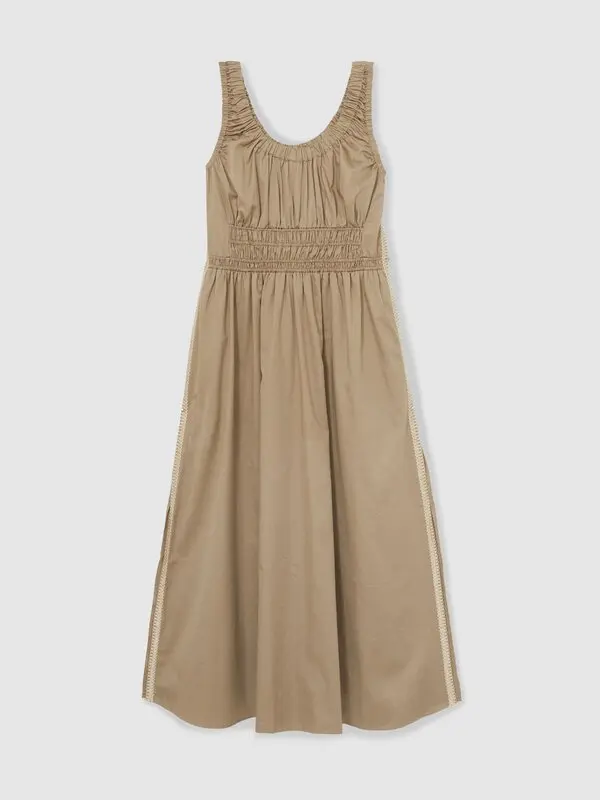 REISS Cotton Craft-stitch Shirred Midi Dress