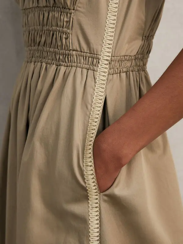 REISS Cotton Craft-stitch Shirred Midi Dress