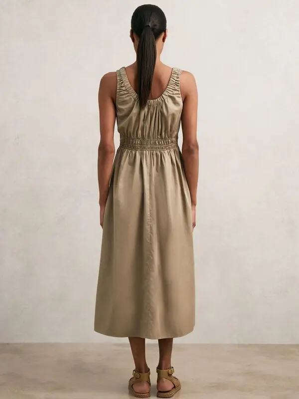 REISS Cotton Craft-stitch Shirred Midi Dress