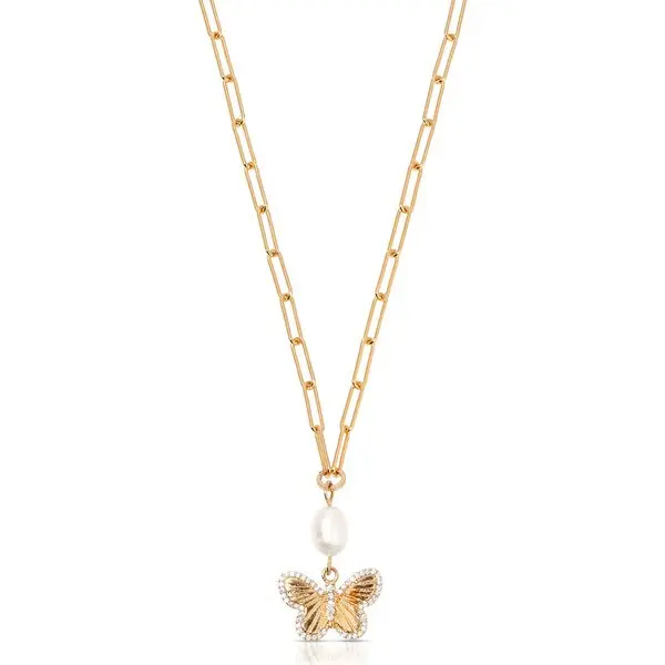 Ettika Butterlfy & Freshwater Pearl Pendant Necklace - Gold