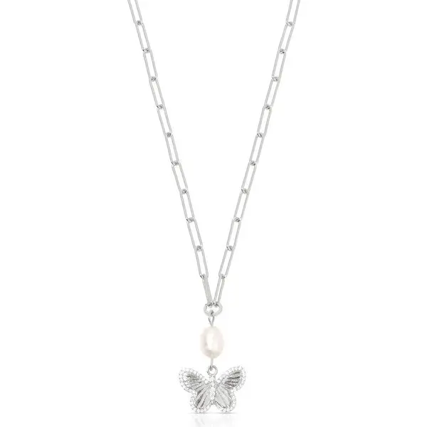 Ettika Butterlfy & Freshwater Pearl Pendant Necklace - Silver