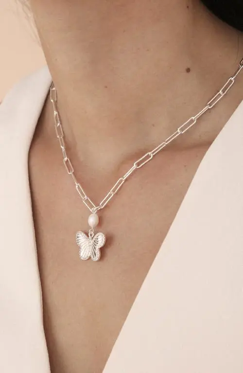 Ettika Butterlfy & Freshwater Pearl Pendant Necklace - Silver