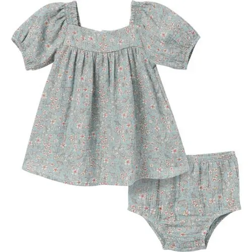 MODERN MOMENTS™ BY GERBER Puffed Sleeve Dress With Diaper Cover Set - Medium Teal Ditsy