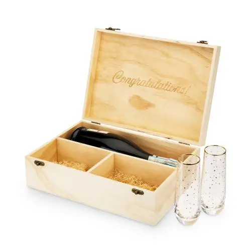 TWINE Celebrate Wood Champagne Box And Flutes Set - Brown