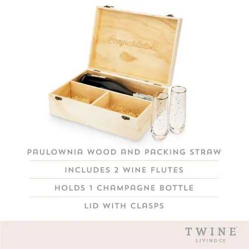 TWINE Celebrate Wood Champagne Box And Flutes Set