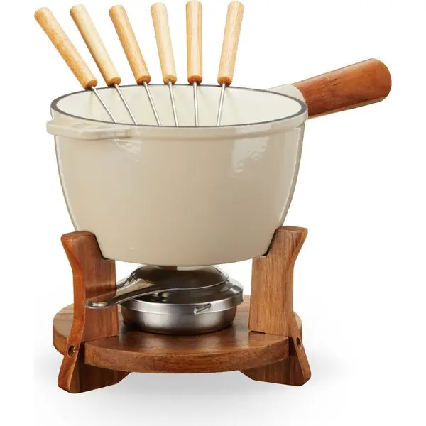 TWINE Wood And Cast Iron Fondue Set - Beige