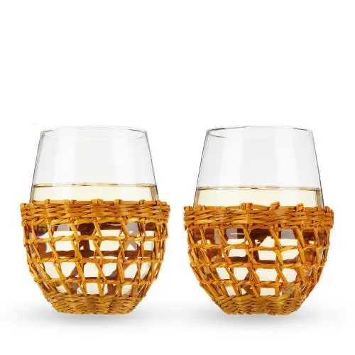 TWINE Island Stemless Wine Glasses Set Of 2 - Beige