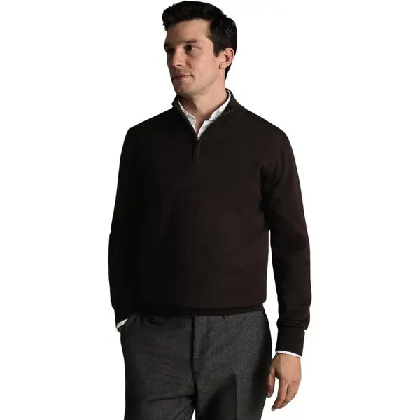CHARLES TYRWHITT Merino Zip Neck Long Sleeve Sweater - Brown