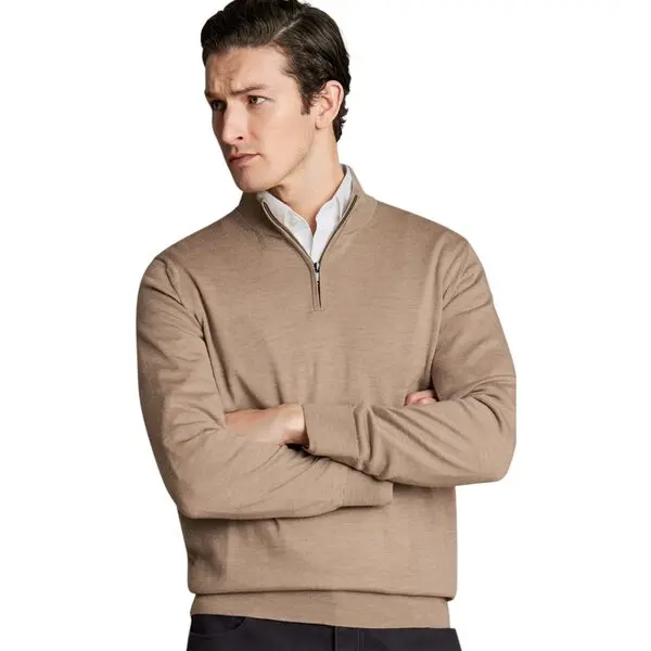 CHARLES TYRWHITT Merino Zip Neck Long Sleeve Sweater - Camel