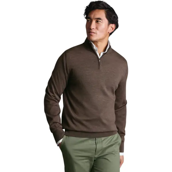 CHARLES TYRWHITT Merino Zip Neck Long Sleeve Sweater - Mocha