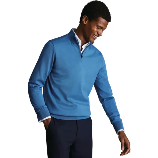 CHARLES TYRWHITT Merino Zip Neck Long Sleeve Sweater - Ocean Blue