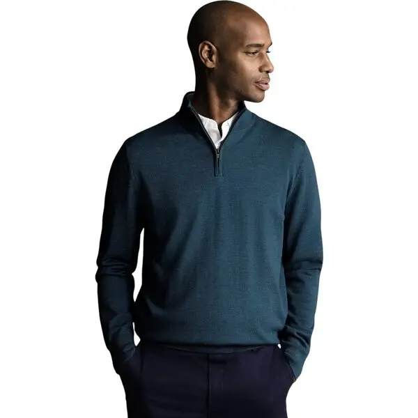 CHARLES TYRWHITT Merino Zip Neck Long Sleeve Sweater - Teal Green