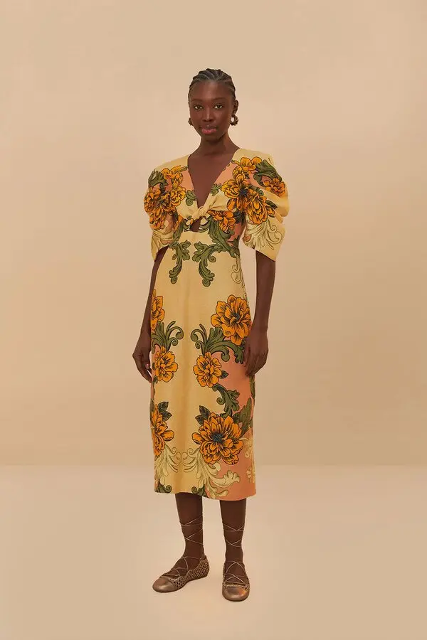 knee length dresses for ladies Farm Rio Women's Delicate Flower Arabesques Short Sleeve Midi Dress