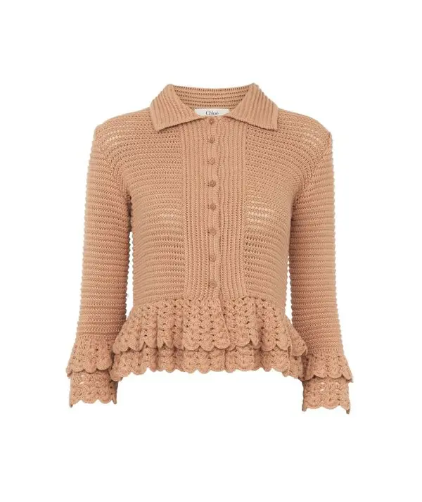 Chloé Fitted Ruffled Crochet Knit Cardigan