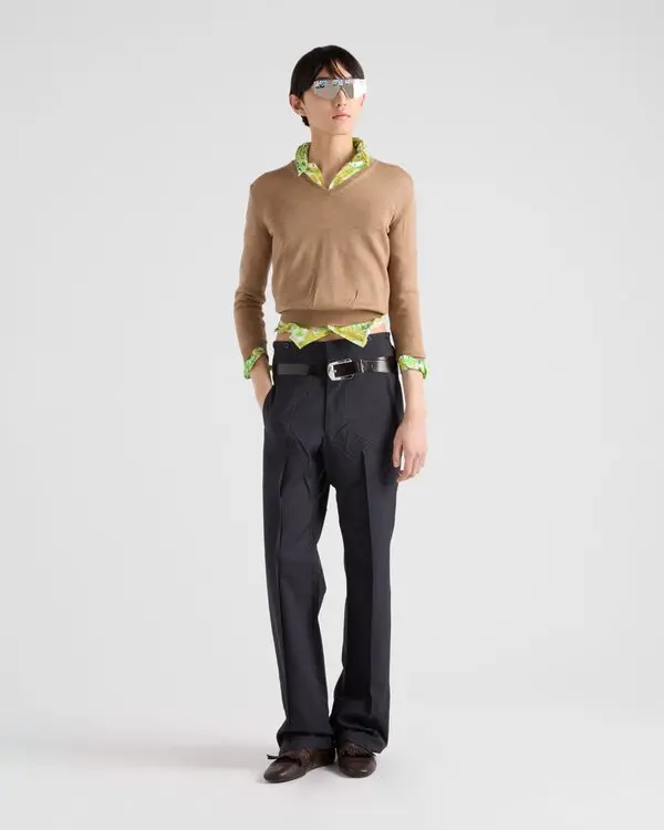 Prada Mohair And Silk Wide Leg Pants With Belt - Navy | Editorialist