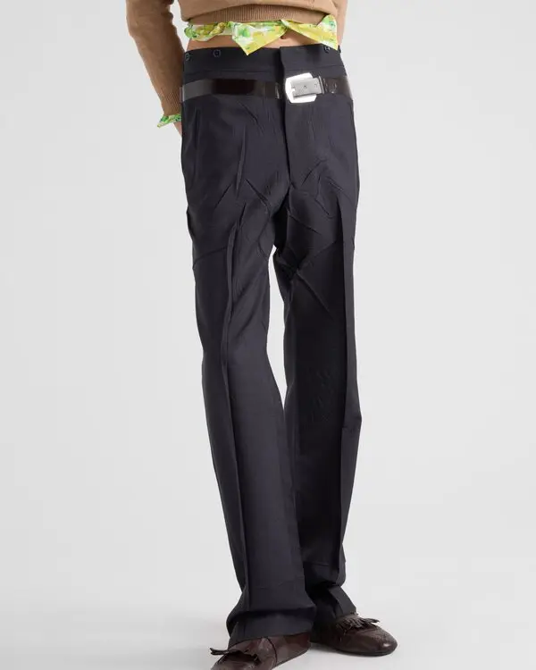 Prada Mohair And Silk Wide Leg Pants With Belt - Navy | Editorialist