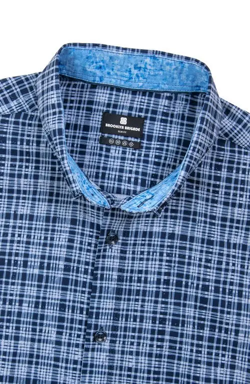 BROOKLYN BRIGADE Slim Fit Tudor Textured Check 4-way Stretch Performance Short Sleeve Shirt