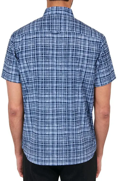BROOKLYN BRIGADE Slim Fit Tudor Textured Check 4-way Stretch Performance Short Sleeve Shirt - Navy