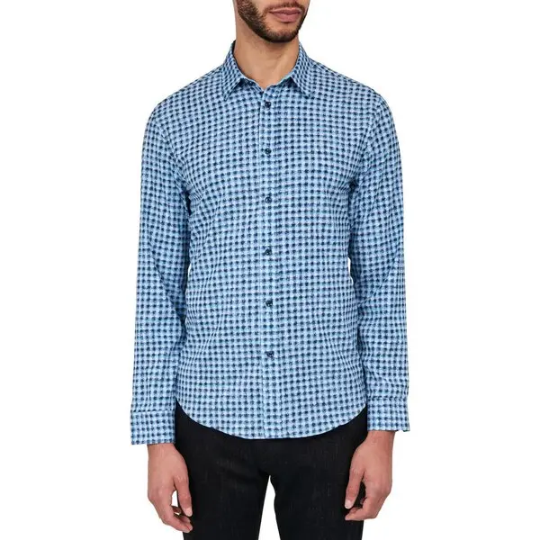 BROOKLYN BRIGADE Slim Fit Wyckoff Blurry Gingham 4-way Stretch Performance Long Sleeve Shirt - Blue