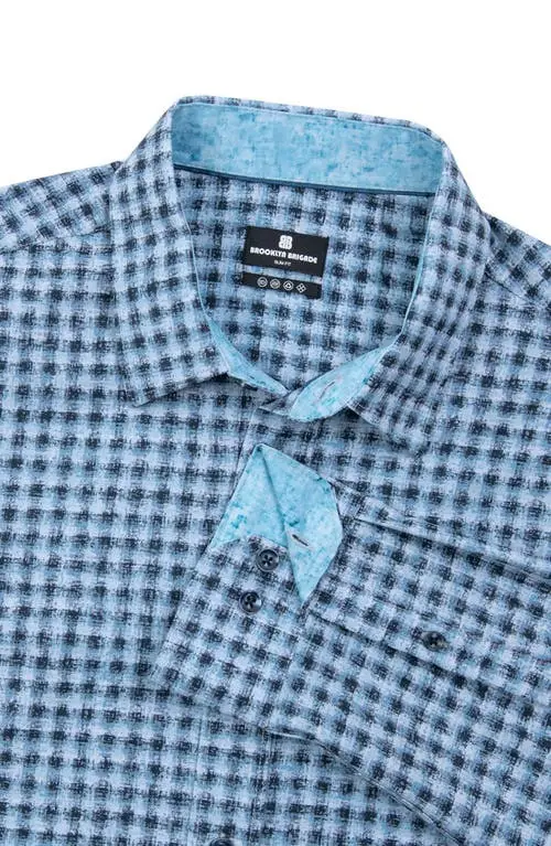 BROOKLYN BRIGADE Slim Fit Wyckoff Blurry Gingham 4-way Stretch Performance Long Sleeve Shirt - Blue