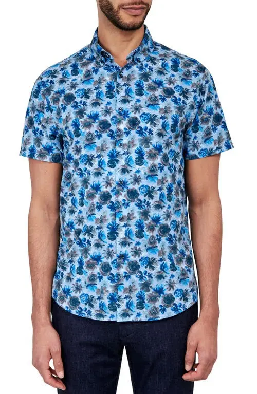 BROOKLYN BRIGADE Slim Fit Quay Watercolor Floral 4-way Stretch Performance Short Sleeve Shirt - Brown/blue