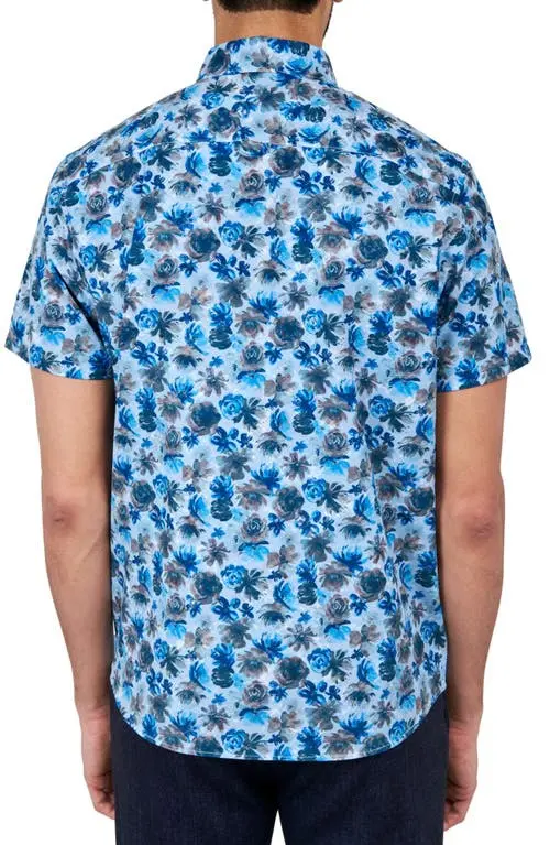 BROOKLYN BRIGADE Slim Fit Quay Watercolor Floral 4-way Stretch Performance Short Sleeve Shirt - Brown/blue