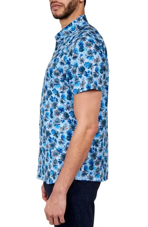BROOKLYN BRIGADE Slim Fit Quay Watercolor Floral 4-way Stretch Performance Short Sleeve Shirt - Brown/blue