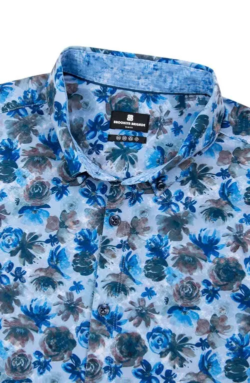 BROOKLYN BRIGADE Slim Fit Quay Watercolor Floral 4-way Stretch Performance Short Sleeve Shirt - Brown/blue