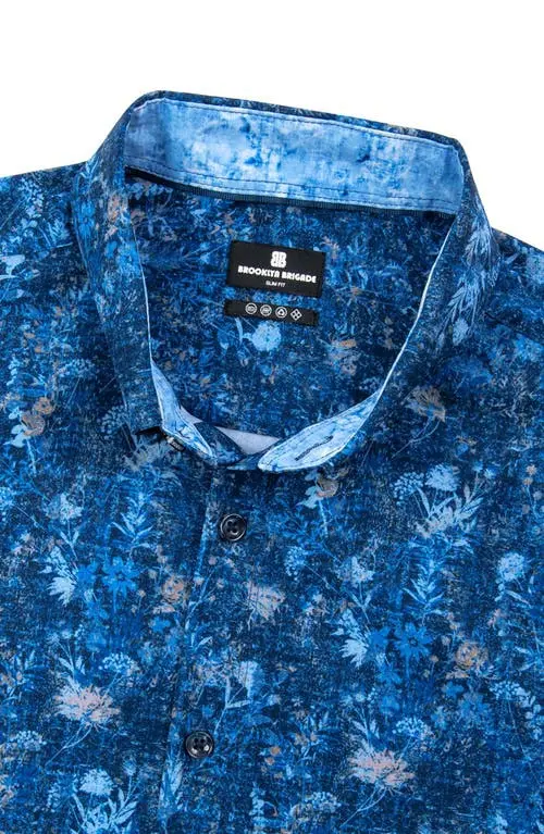 BROOKLYN BRIGADE Slim Fit Barlow Vintage Floral 4-way Stretch Performance Short Sleeve Shirt - Navy