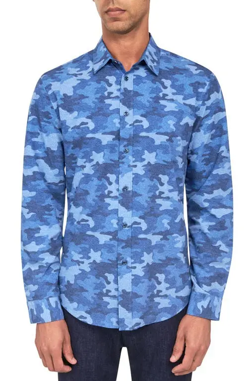 BROOKLYN BRIGADE Slim Fit Denim Camo 4-way Stretch Performance Long Sleeve Shirt - Blue