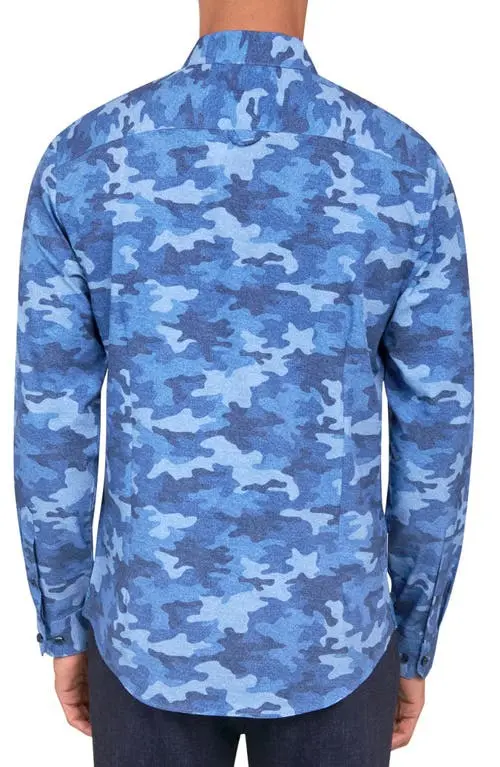 BROOKLYN BRIGADE Slim Fit Denim Camo 4-way Stretch Performance Long Sleeve Shirt - Blue